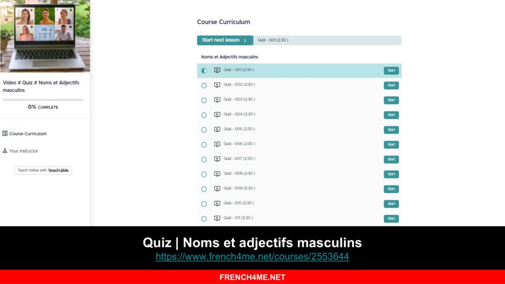 Le cours de français du jour I Quiz | Noms et adjectifs masculins ...